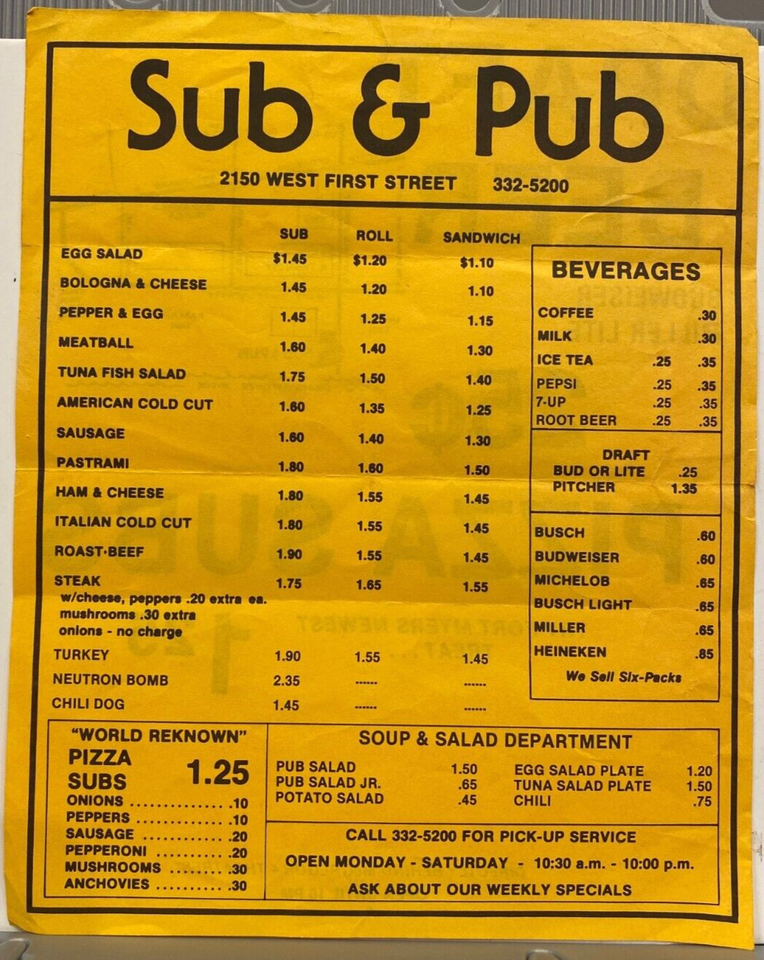 1970s Sub & Pub Pizza Subs Restaurant Menu McGregor Theatre Fort Myers ...
