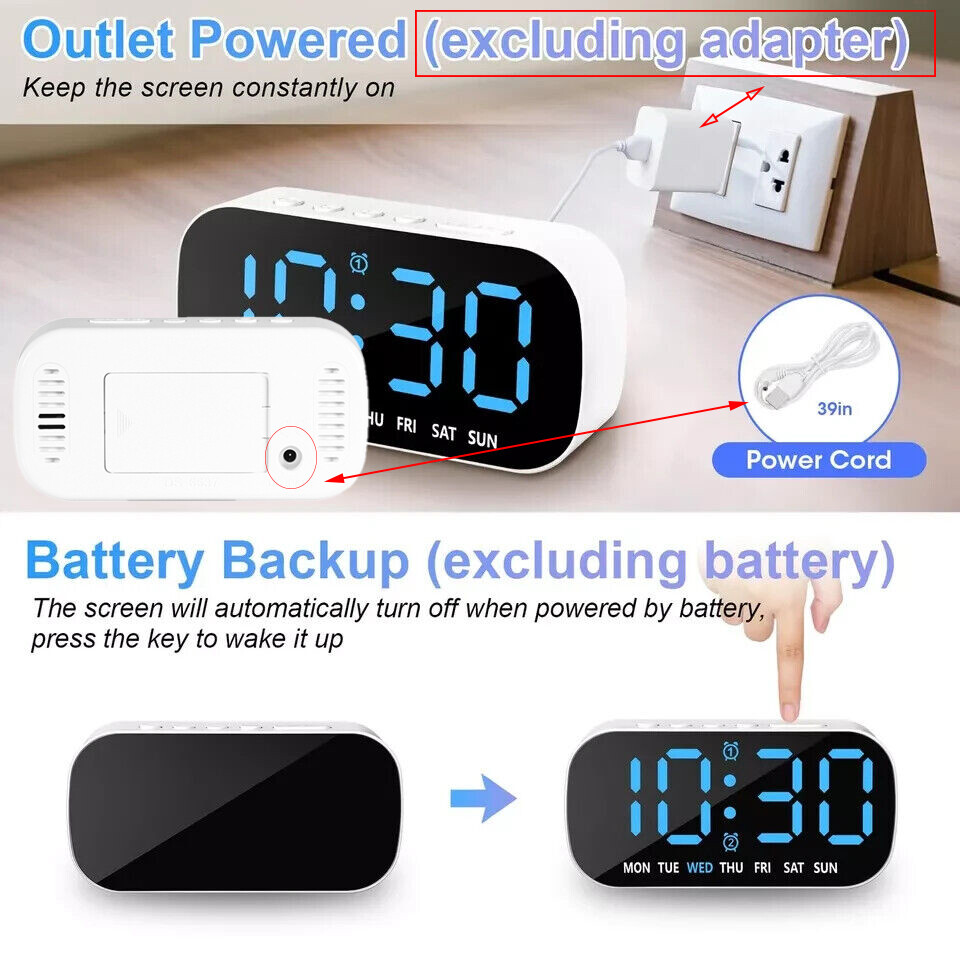 Digital LED Desk Alarm Clock LED Large Display Time Temperature Battery ...