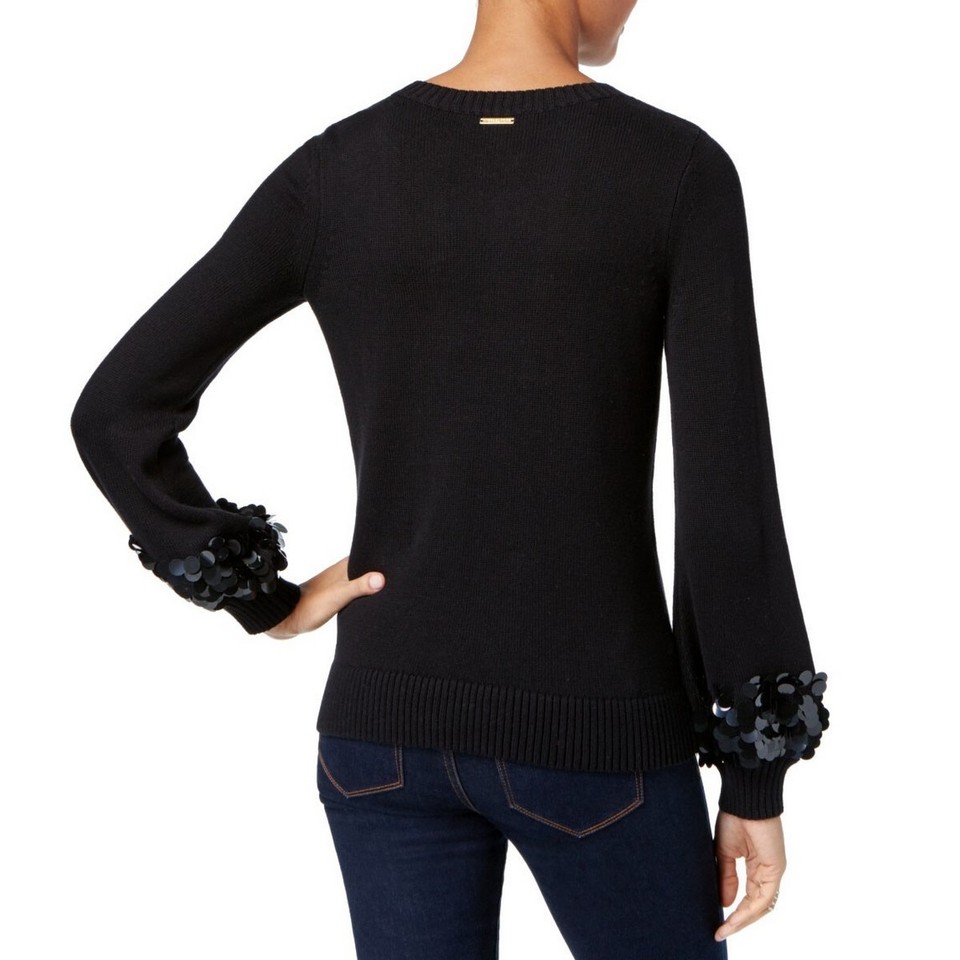 MICHAEL KORS NEW Women's Black Cotton Sequin-Cuff Crewneck Sweater Top XXS TEDO | eBay