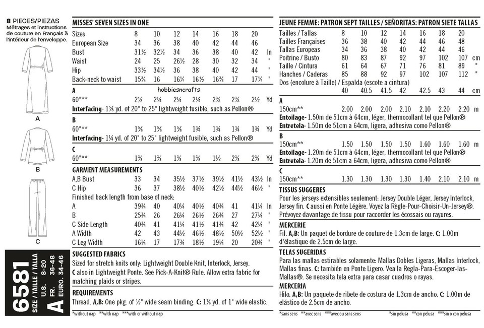 NEW LOOK 6581 MISSES' KNIT DRESS TOP PANTS Sewing pattern Sizes 8 - 20 ...