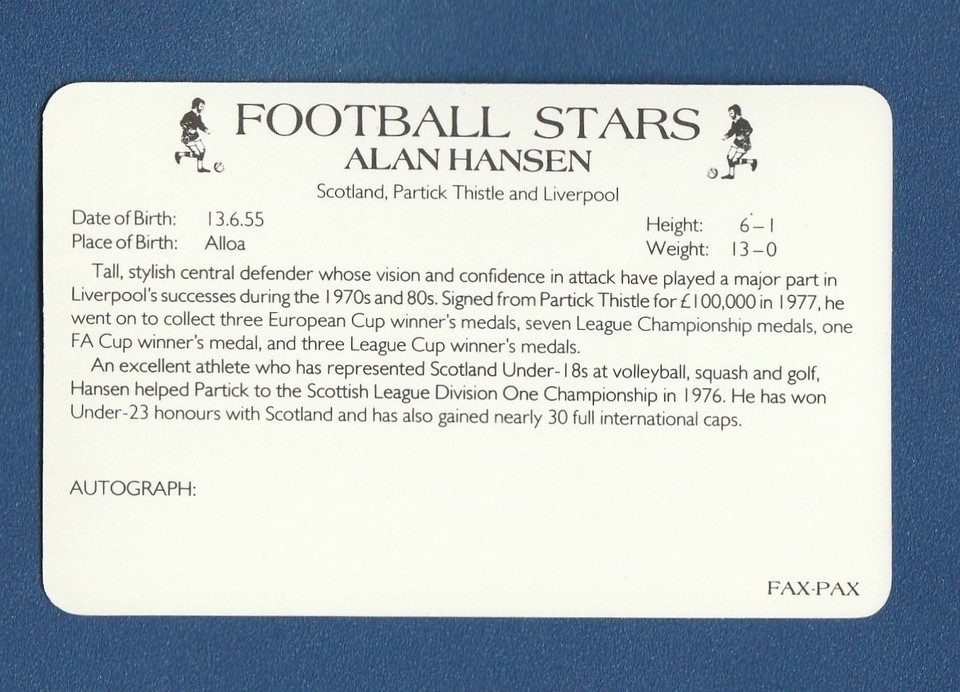 ALAN HANSEN 1989 Fax-Pax Soccer Card Football Partick Thistle Liverpool ...