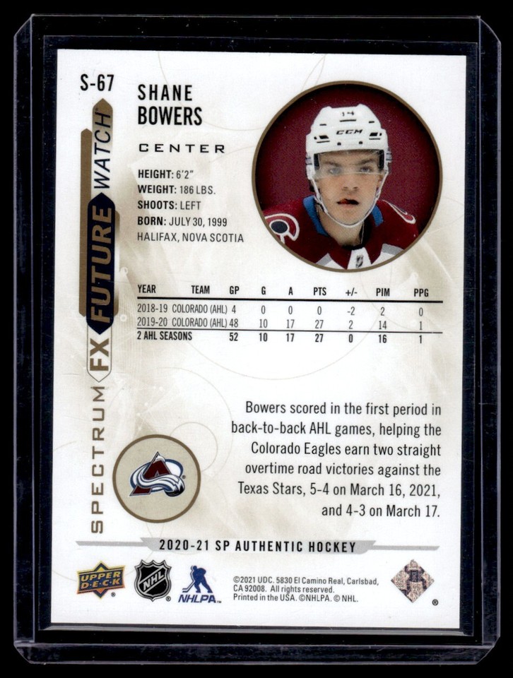 2020-21 SP Authentic Spectrum FX Gold Shane Bowers Rookie 03/50 ...