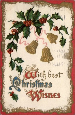 Christmas gold gilt bells Old English font holly 1912 to TYRE GIRLS ...