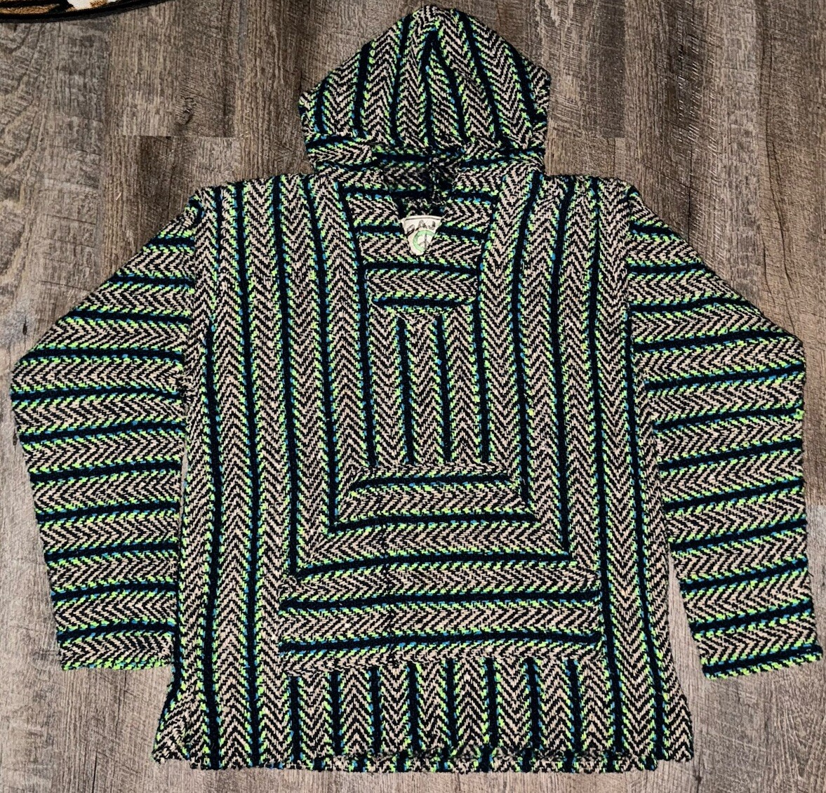 Vintage Baja Joe Drug Rug Hoodie Blue & Neon Green Si… - Gem