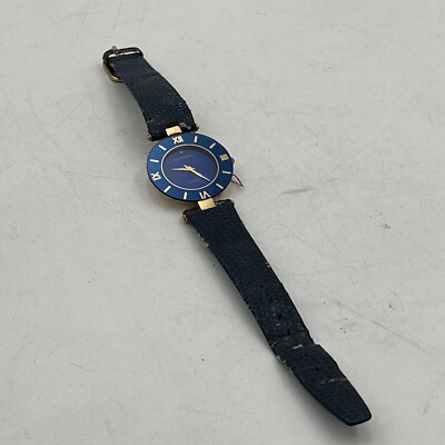 VTG Quemex Small Unisex Blue Face Gold Bezel Band Analog Quartz Watch ...