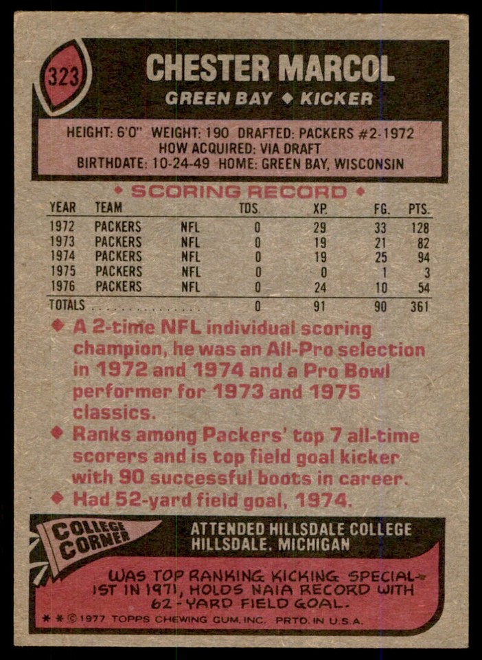 1977 TOPPS CHESTER MARCOL GREEN BAY PACKERS #323 | eBay