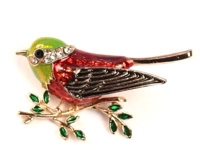 SWEET LITTLE SONG BIRD BROOCH PIN RED & GREEN RHINESTONE ENAMEL LAPEL ...