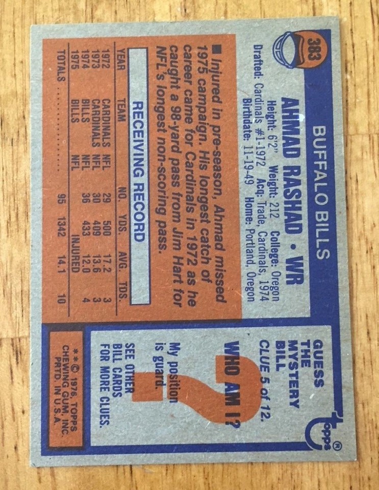 1976 Topps Ahmad Rashad #383 Buffalo Bills | eBay