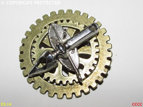 steampunk badge brooch pin cog gearwheel quill feather ink pen nib ...