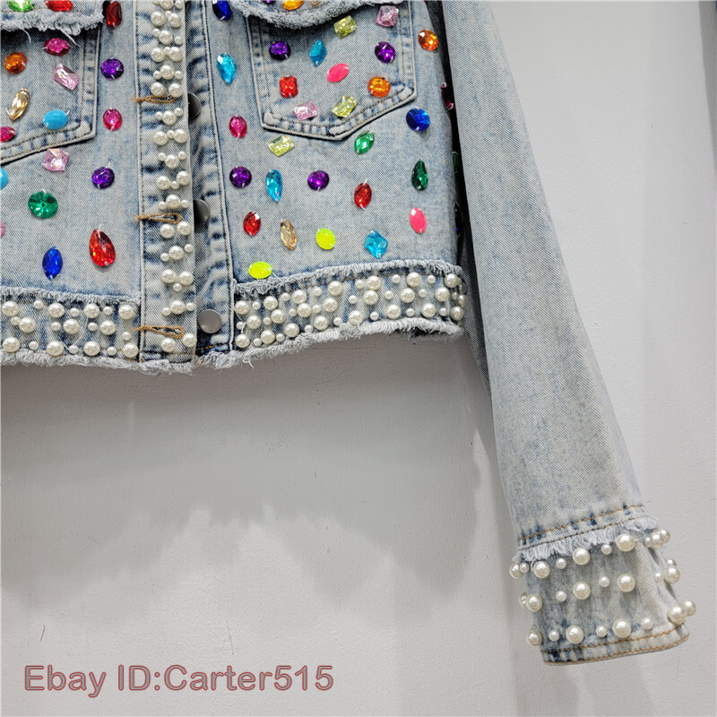 Women's Rhinestone Denim Beaded Jacket Button Casual Top Short Coat ...