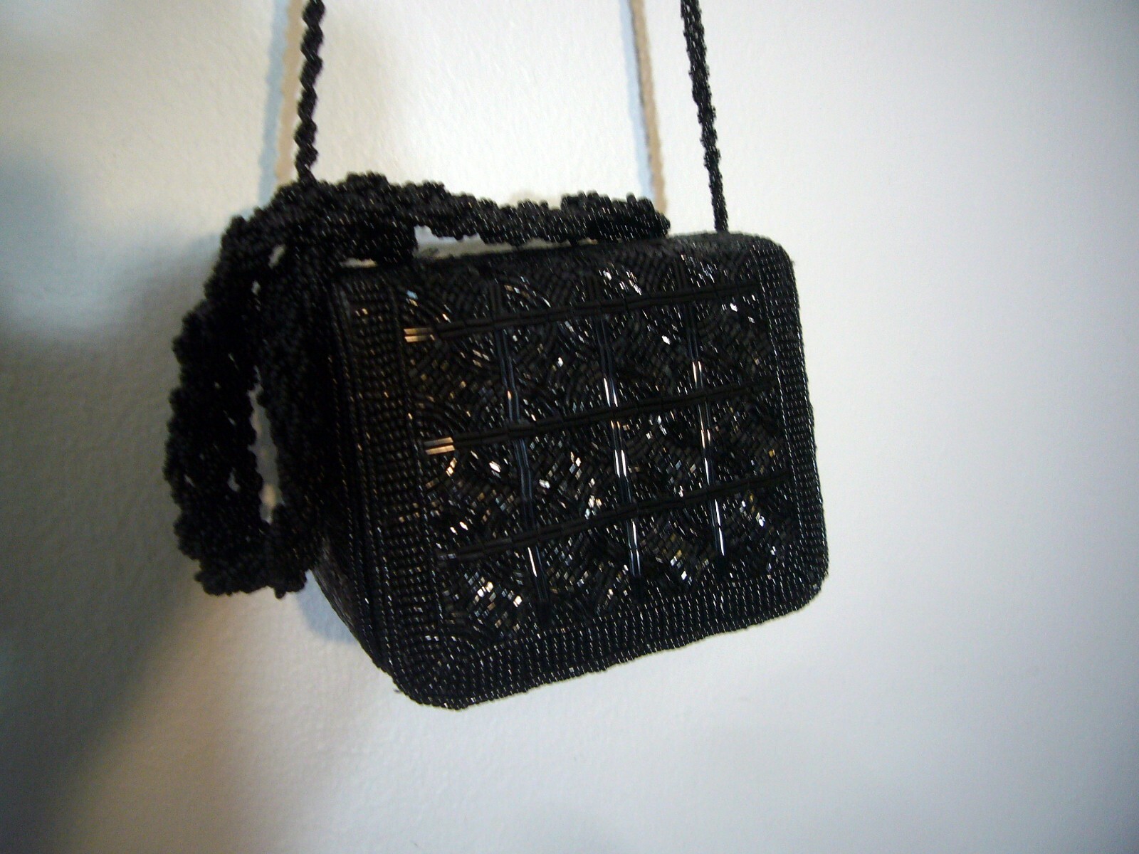 Vintage 60s BLACK Fully Beaded Square Box Purse Forma… - Gem