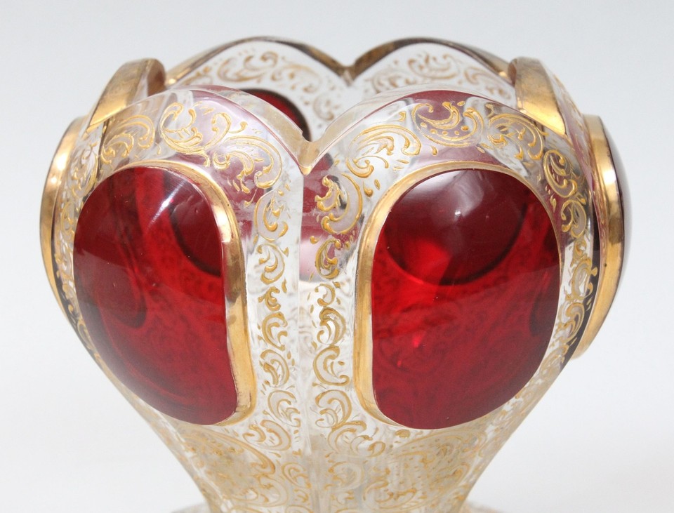 Antique Moser? Bohemian Art Glass Ruby Red Cut Vase Cabochon Panel Gold ...