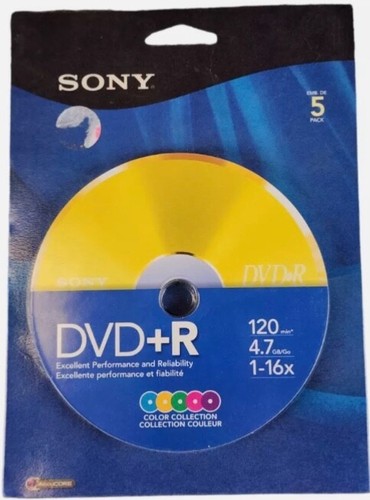 Sony Blank DVD+R 5 pack 120 minutes 1x-16x Speed Color Discs Sealed ...