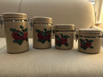 Set of 4 Apple Kitchen Ceramic Canisters Creamy Beige w. Red apples ...