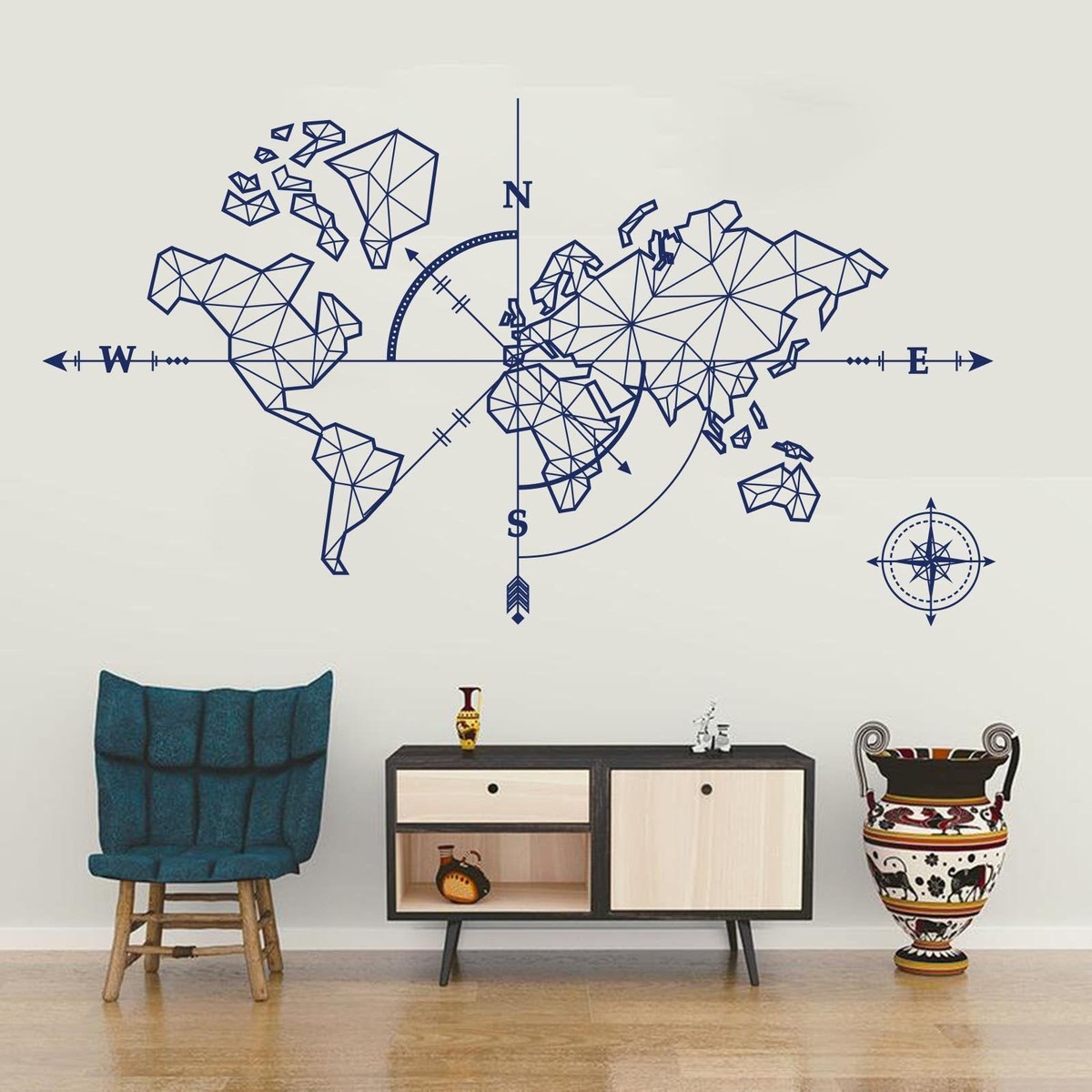 Large World Map And Compass