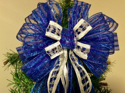 LUXURY CHRISTMAS TREE TOPPER BOW 26cmSILVER ROYAL BLUE DECORATION LONG ...