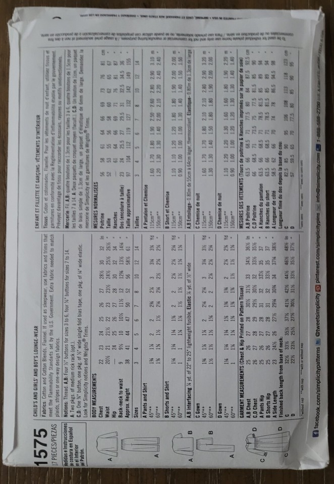 Simplicity Easy to Sew 1575 Child's/Girl's/Boy's Pajamas Size K5 (7,8 ...