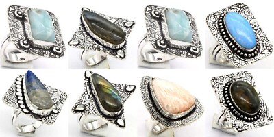 Moonstone Lapis Labradorite Mix Gemstone Rings Silver Plated Handmade ...