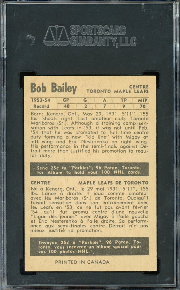 1954-55 PARKHURST NHL HOCKY #28 Bob Bailey Rookie SGC 5 EX Maple Leafs Stat Back | eBay
