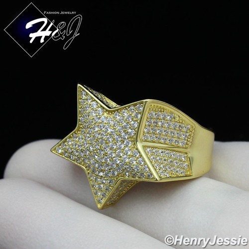 MEN 925 STERLING SILVER ICY CUBIC ZIRCONIA HIPHOP GOLD PLATED 3D STAR ...