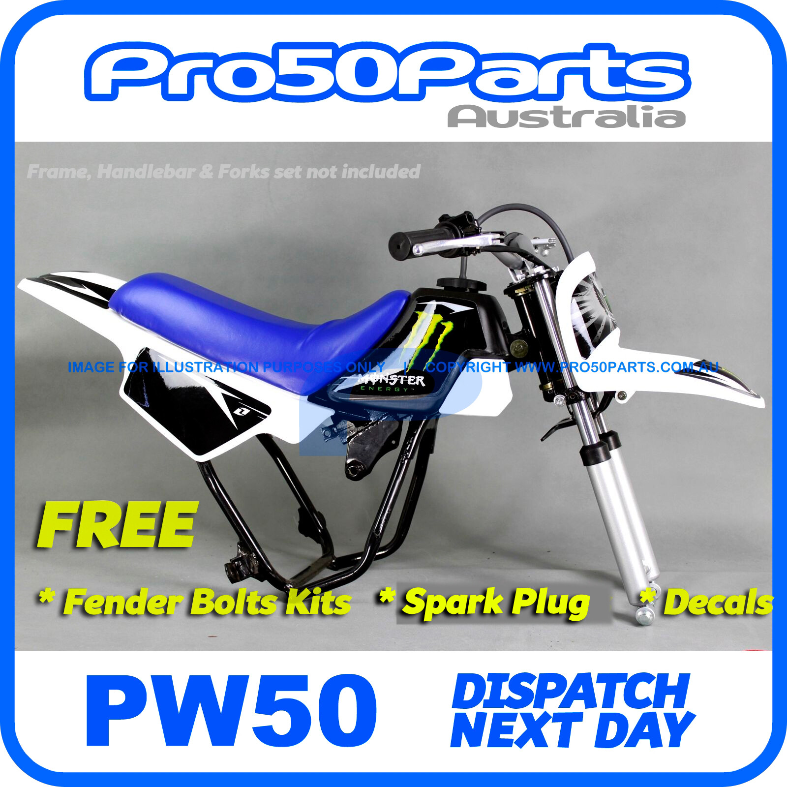 Yamaha 2016 Peewee PW50 White Fender Plastic + Black Tank + Blue Seat ...