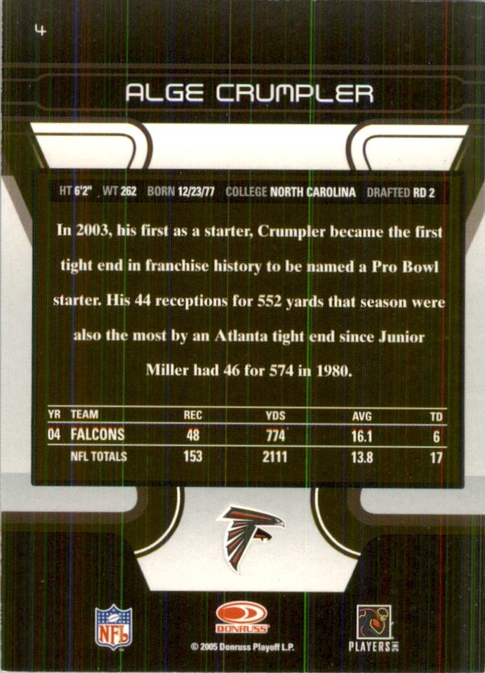 2005 Donruss Classics Alge Crumpler Atlanta Falcons #4 | eBay