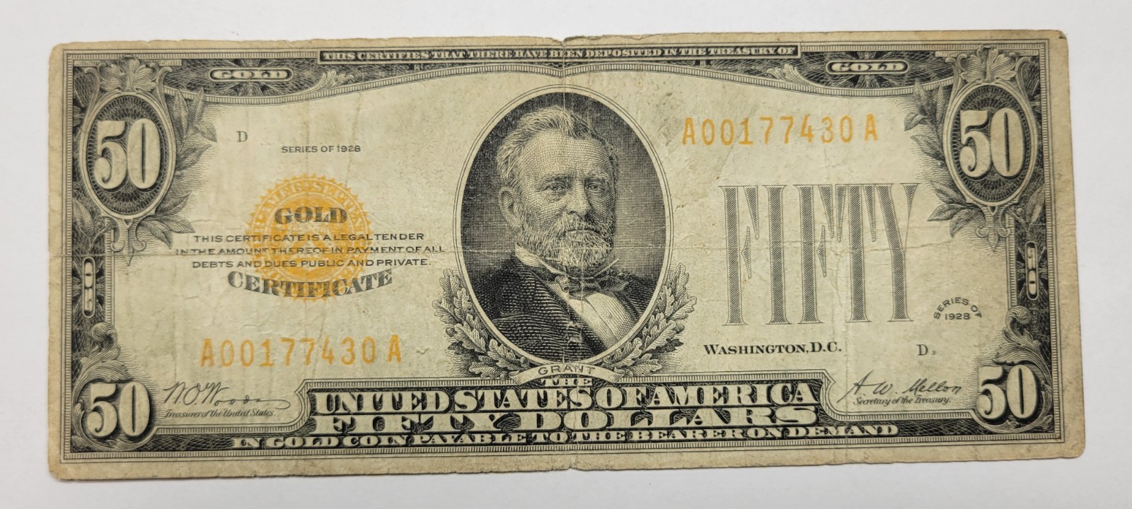1928 $50 Fifty Dollars GOLD CERTIFICATE Small Size Circulated Scarce ...