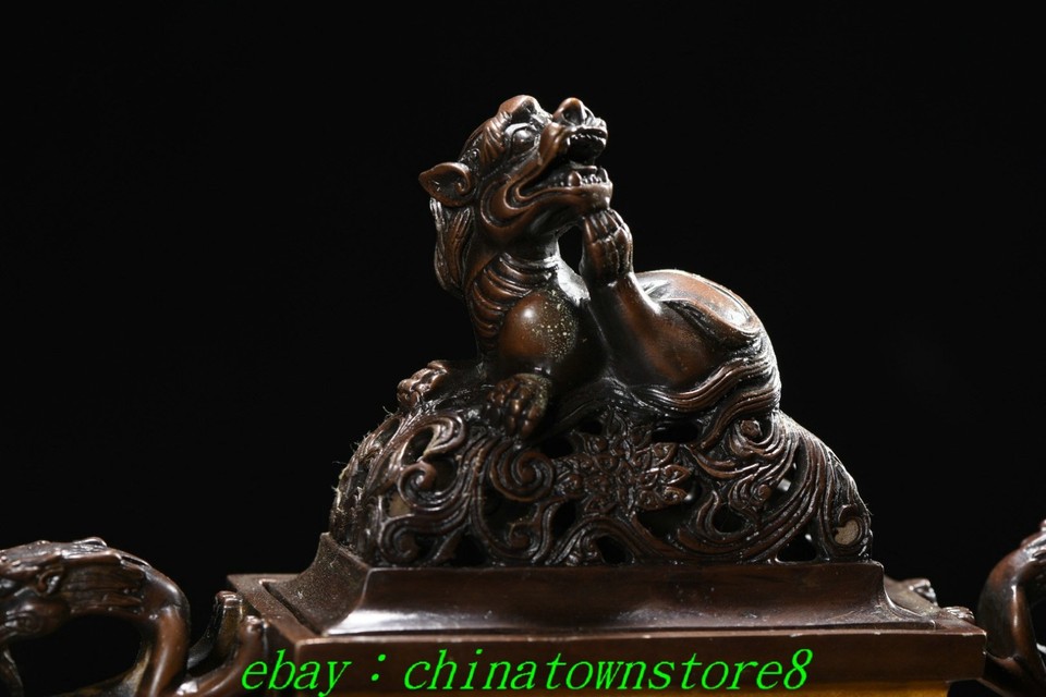 9" Old Dynasty Copper Cloisonne Enamel Lion Beast Dragon 2 Incense ...