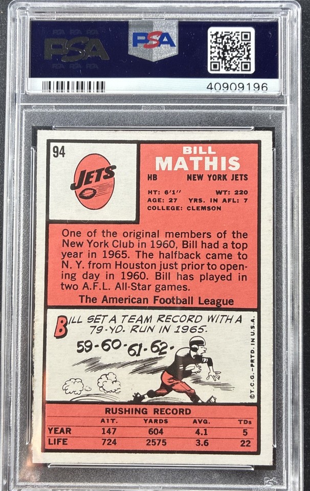 1966 Topps #94 BILL MATHIS New York Jets PSA 6 Set Break | eBay