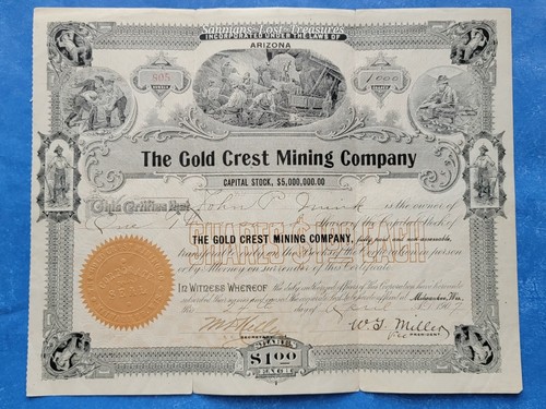 1907 Arizona The Gold Crest Mining Company Stock Cert. Great Piece Of ...