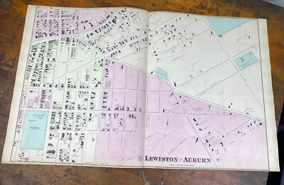1873 LEWISTON, ME Colored Map w/ Property Owners, Band Stand, Engine ...