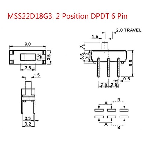 2 Position ON-OFF DPDT 2P2T 6 Pin PCB Panel Vertical Slide Switch ...
