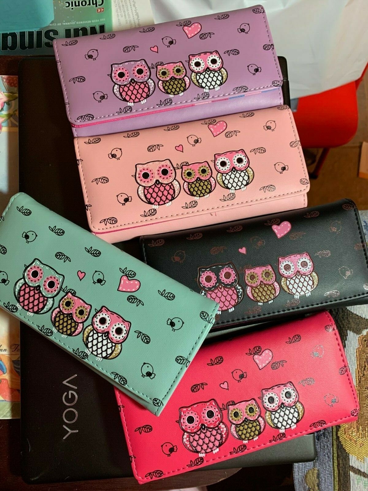 WOMEN'S LEATHER BOTUSI WALLETS WITH OWLS, BIRDS, IN PINK COLORS BRAND ...