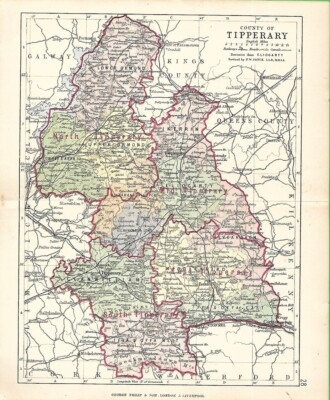 Original 1888 Map COUNTY TIPPERARY Ireland Baronies Railways Roads ...