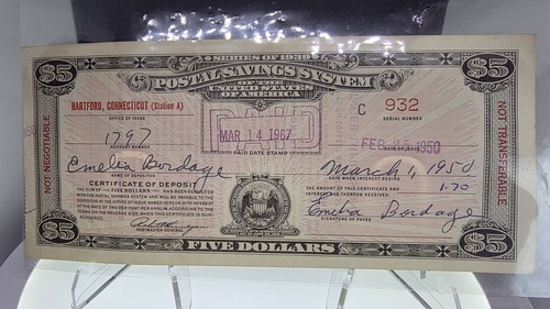 $5.00 SERIES OF1939 POSTAL SAVINGS SYSTEM CERTIFICATE PAID HARTDORD CT ...