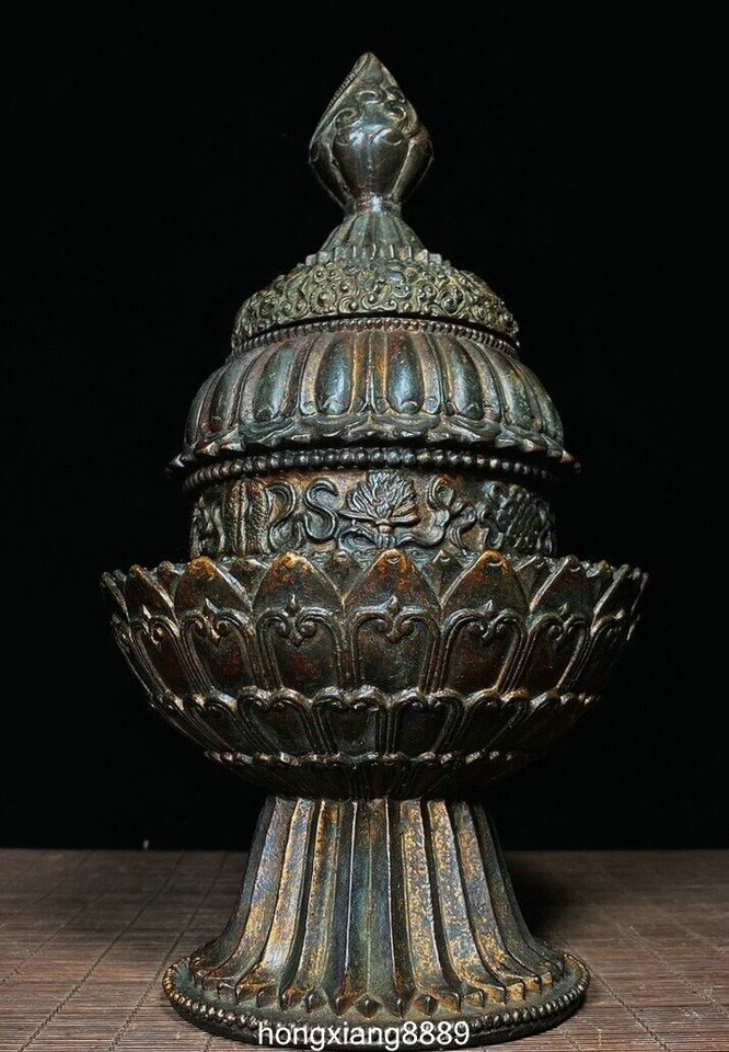 Old Tibet Bronze Buddhism 8 Auspicious Symbol Lotus Flower Pot Jar ...
