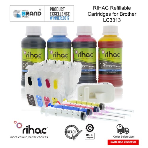 RIHAC LC3311 LC3313XL REFILLABLE INK CARTRIDGE + RESETTER MFC-J890DW ...