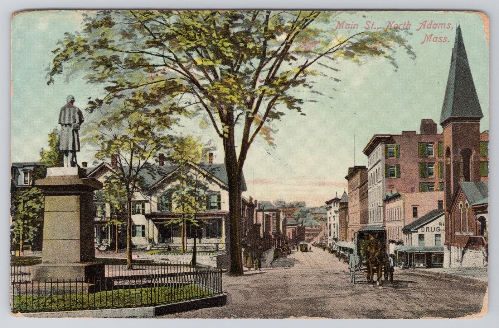 MAIN STREET, NORTH ADAMS MASSACHUSETTS, HORSE & CARRIAGE AND DRUG STORE ...