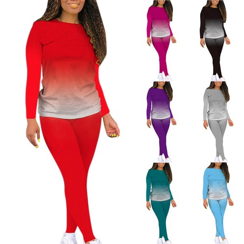 Women 2 Piece Outfits Gradient Printed Long Sleeve Tops Jogger Pants ...