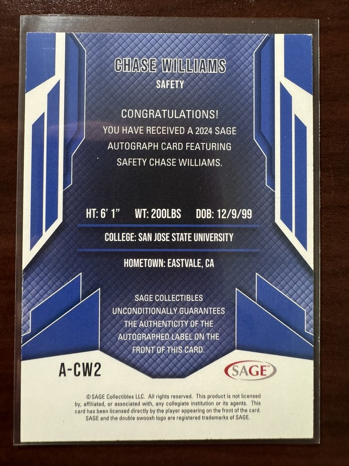 2024 Sage High Series Football Chase Williams Autograph Auto Card #A ...
