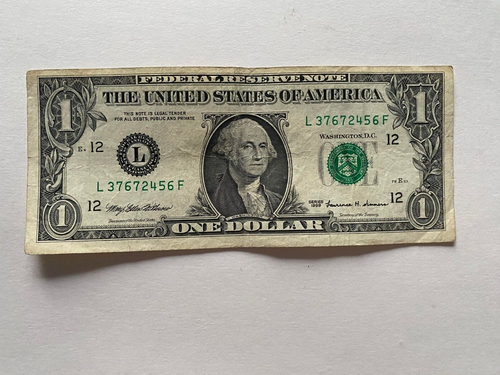 One dollar bill serial number L 37672456 F $1 Note US Real money 1999 ...