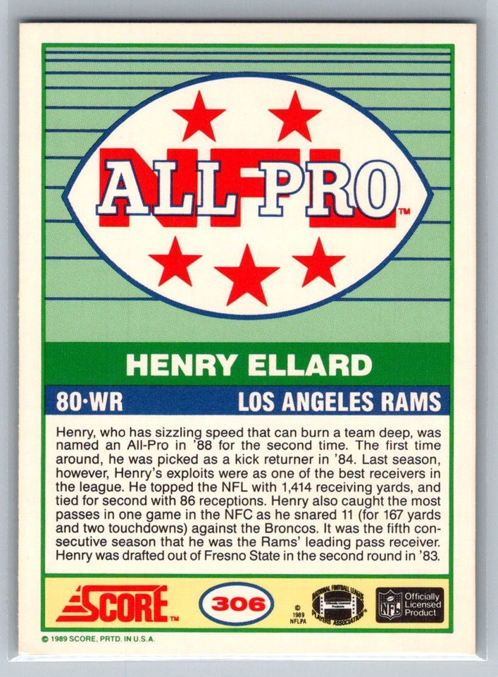 1989 Score All Pro #306 Henry Ellard Los Angeles Rams Football Card | eBay