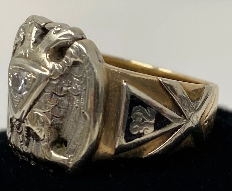 ANTIQUE 14K DIAMOND MASONIC DOUBLE EAGLE 32ND DEGREE RING SZ.9 1/2 9.9 ...