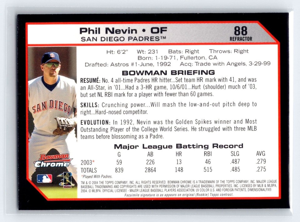 PHIL NEVIN 2004 Bowman Chrome Refractor Baseball Card #88 San Diego ...