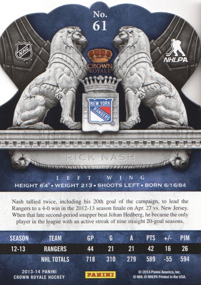 2013-14 Crown Royale Rangers Hockey Card #61 Rick Nash | eBay