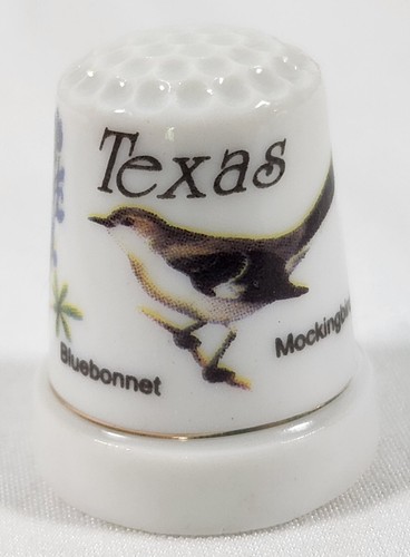 Vintage Texas Bluebonnet/ Mockingbird Souvenir Porcelain Thimble Gold ...
