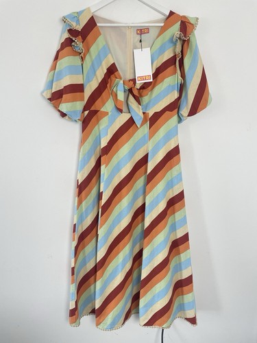 KITRI Pia Midi Dress Multi Striped Sz 10 Linen Blend Lined Ruffle Fit Flare NEW | eBay