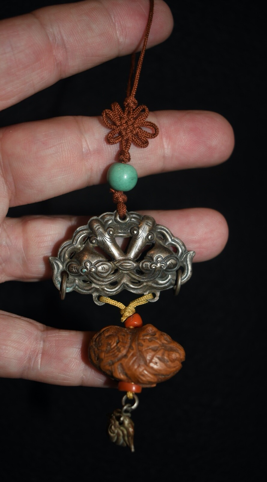 Original Antique Ching Chinese Silver Charm / Pendant w/ Bead & Animal ...