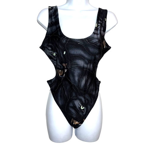 Softouch vintage 80's leotard bodysuit swimsuit black panther print ...