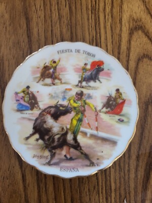 Vtg Small Porcelain Plate Fiesta De Toros Handpainted Very Detailed ...